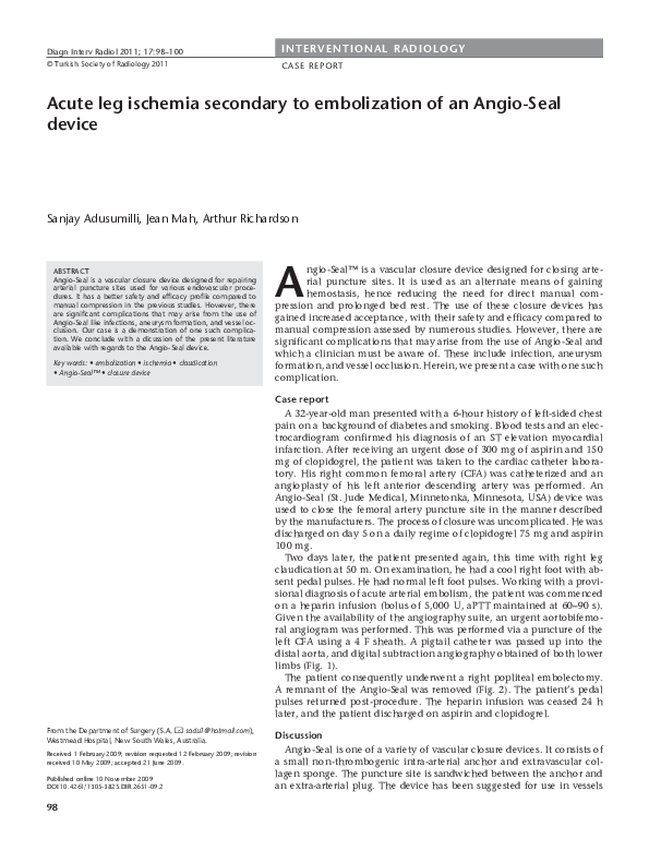 (PDF) Acute leg ischaemia secondary to embolisation of an angioseal ...