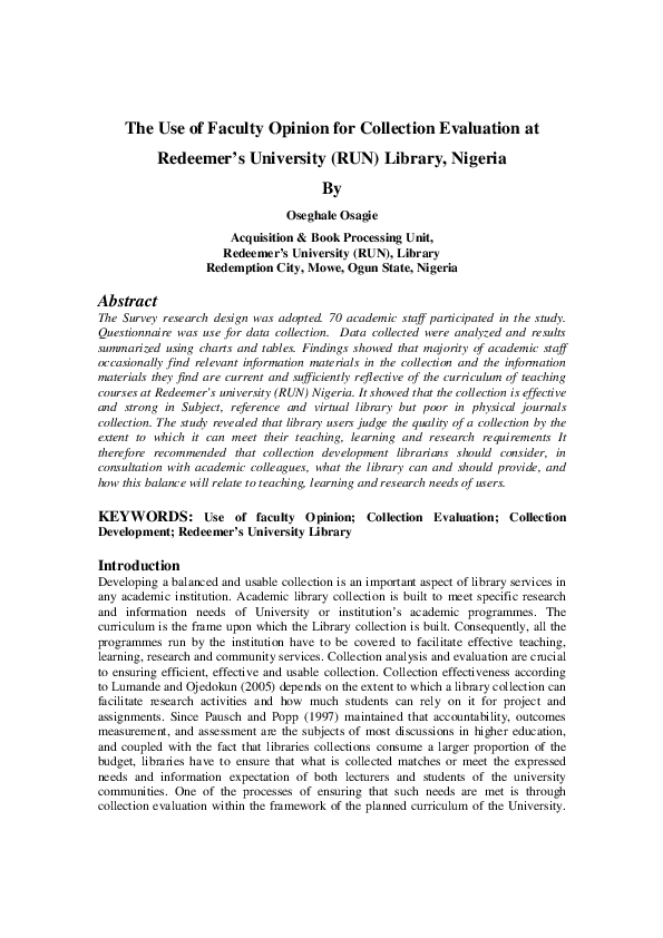 (PDF) The Use of Faculty Opinion for Collection Evaluation at Redeemer ...