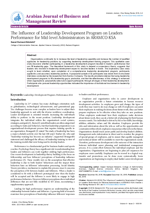 (PDF) The Influence of Leadership Development Program on LeadersPerformance for Mid-level ...