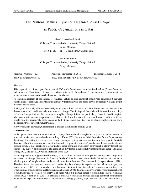 (PDF) The National Values Impact on Organizational Change in Public ...
