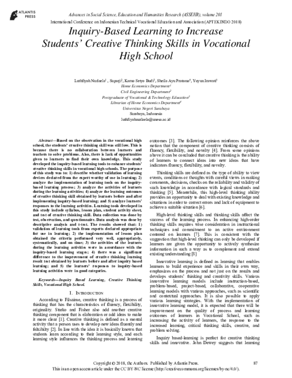 (PDF) Inquiry-Based Learning to Studentsr Creative Thinking Skills in Vocational High School