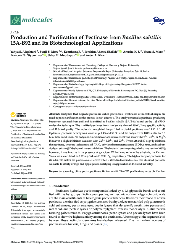 (PDF) Production and Purification of Pectinase from Bacillus subtilis 15A-B92 and Its ...