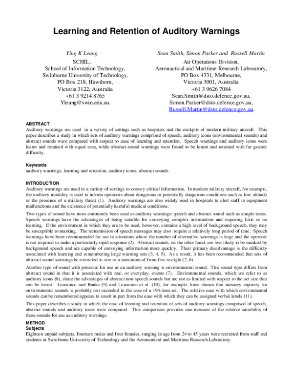 (PDF) Learning and Retention of Auditory Warnings