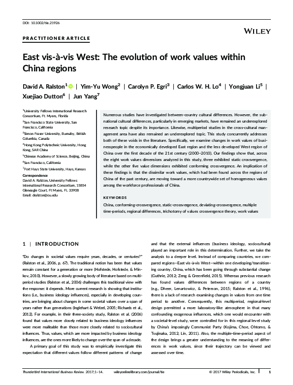 (PDF) East vis-à-vis West: The evolution of work values within China ...