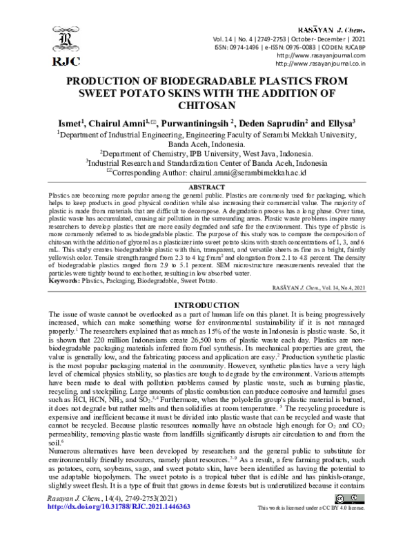 (PDF) Production of Biodegradable Plastics from Sweet Potato Skins with ...