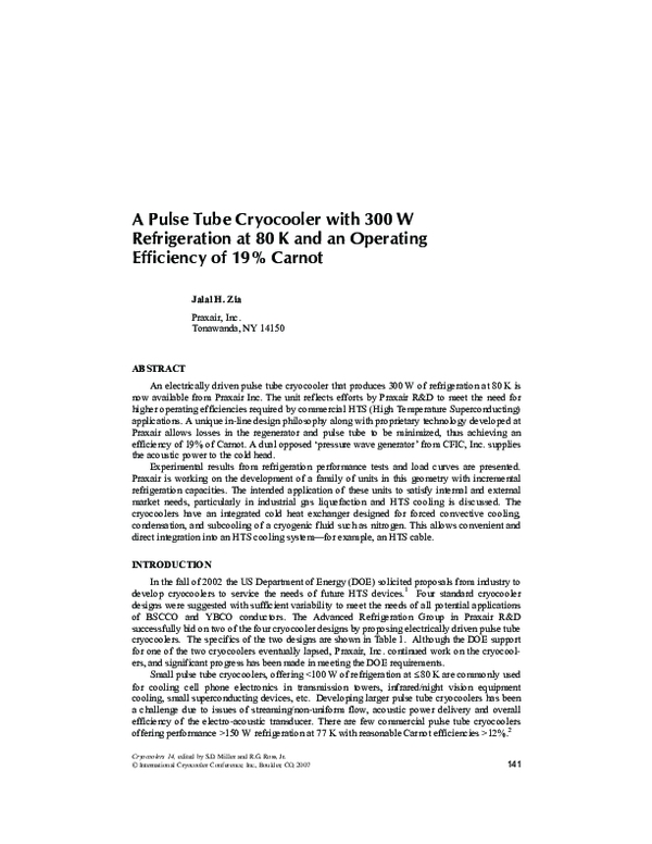 (PDF) A Pulse Tube Cryocooler with 300 W Refrigeration at 80 K and an ...