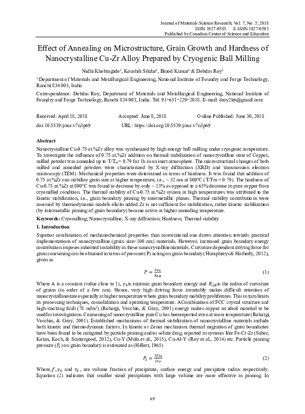 (PDF) Effect of annealing on microstructure, grain growth, and hardness of nanocrystalline Fe–Ni ...