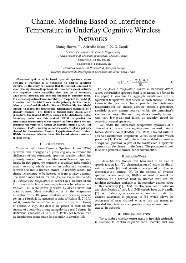 (PDF) Channel modeling based on interference temperature in underlay cognitive wireless networks