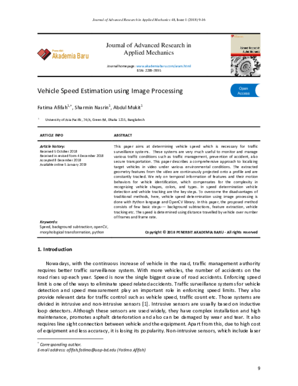 (PDF) Vehicle Speed Estimation using Image Processing