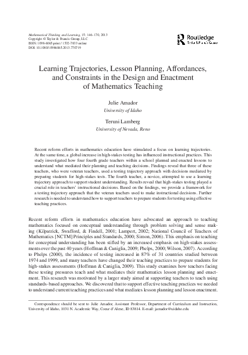 (PDF) Learning Trajectories, Lesson Planning, Affordances, and Constraints in the Design and ...