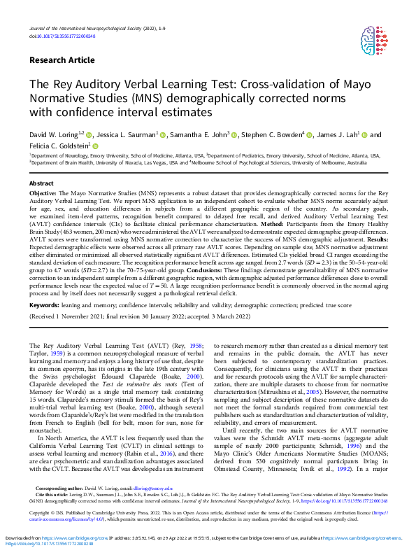 (PDF) The Rey Auditory Verbal Learning Test: Cross-validation of Mayo ...