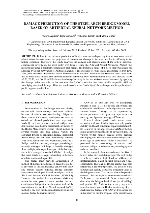 (PDF) Damage Prediction of the Steel Arch Bridge Model Based on Artificial Neural Network Method