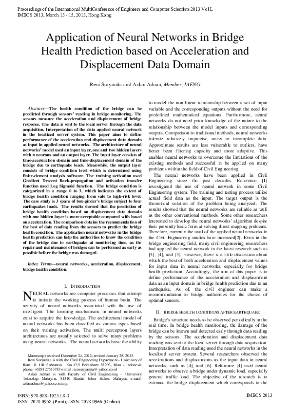 Pdf Application Of Neural Networks In Bridge Health Prediction Based On Acceleration And