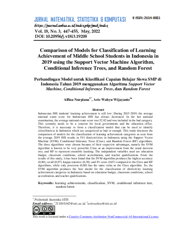 (PDF) Comparison of Models for Classification of Learning Achievement of Middle School Students ...