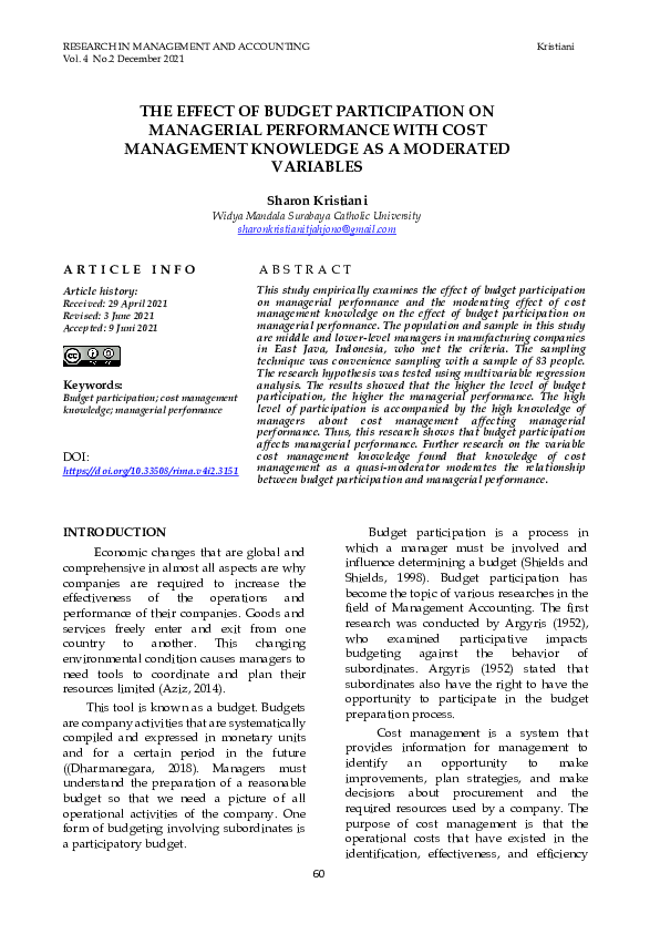 (PDF) The Effect of Budget Participation on Managerial Performance with ...
