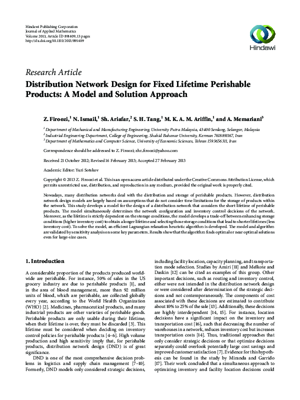 Pdf Distribution Network Design For Fixed Lifetime Perishable Products A Model And Solution