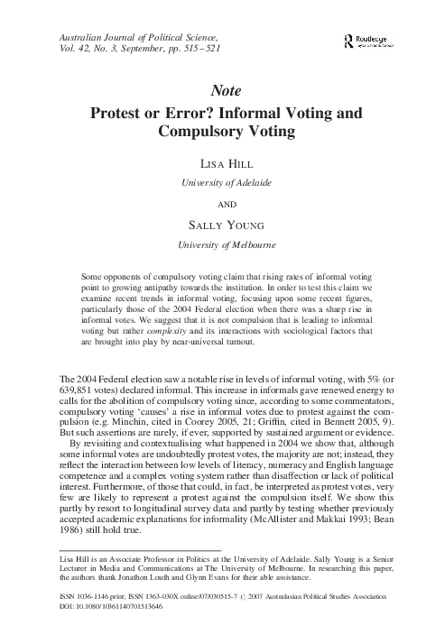 (PDF) Protest or Error? Informal Voting and Compulsory Voting