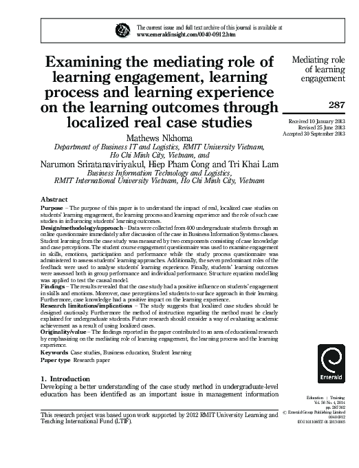 Pdf Examining The Mediating Role Of Learning Engagement Learning Process And Learning