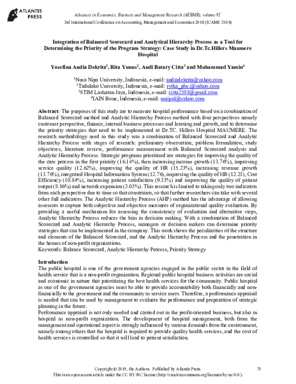 (PDF) Integration of Balanced Scorecard and Analytical Hierarchy Process as a Tool for ...