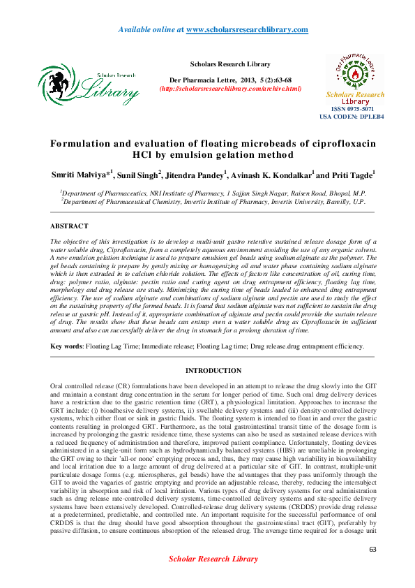 Pdf Formulation And Evaluation Of Floating Microbeads Of Ciprofloxacinhcl By Emulsion Gelation