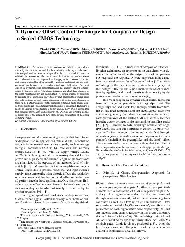 Pdf A Dynamic Offset Control Technique For Comparator Design In