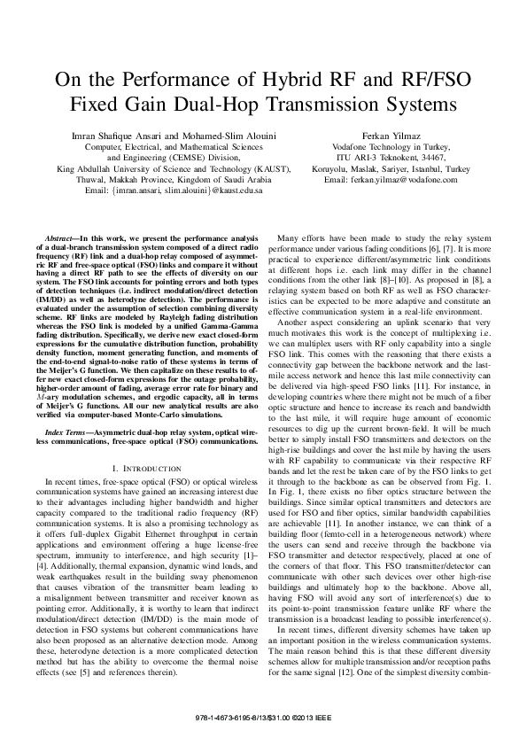 (PDF) On the performance of hybrid RF and RF/FSO fixed gain dual-hop transmission systems