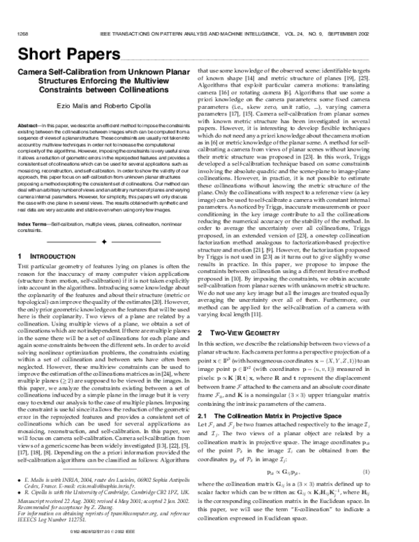 Pdf Camera Self Calibration From Unknown Planar Structures Enforcing The Multiview Constraints
