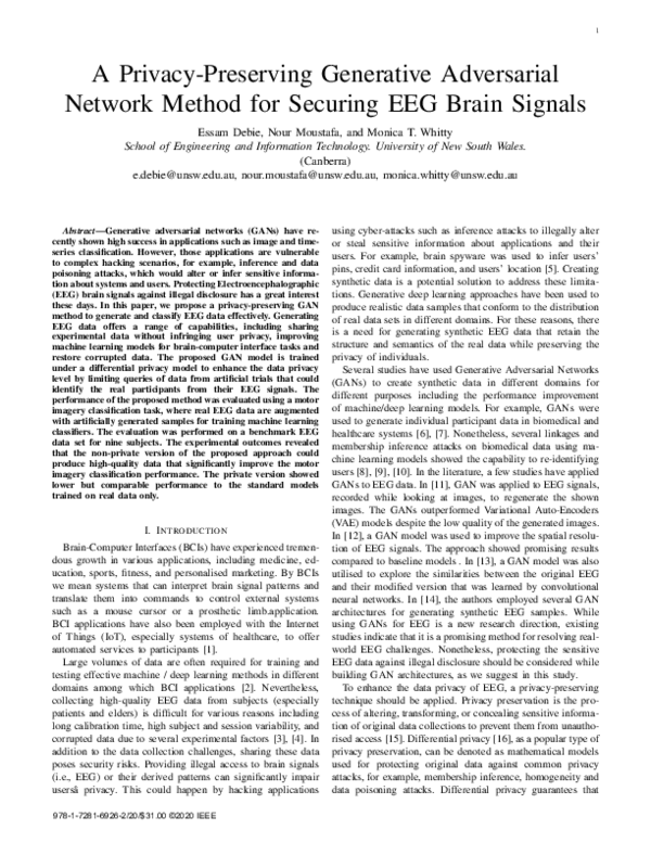 (PDF) A Privacy-Preserving Generative Adversarial Network Method for Securing EEG Brain Signals