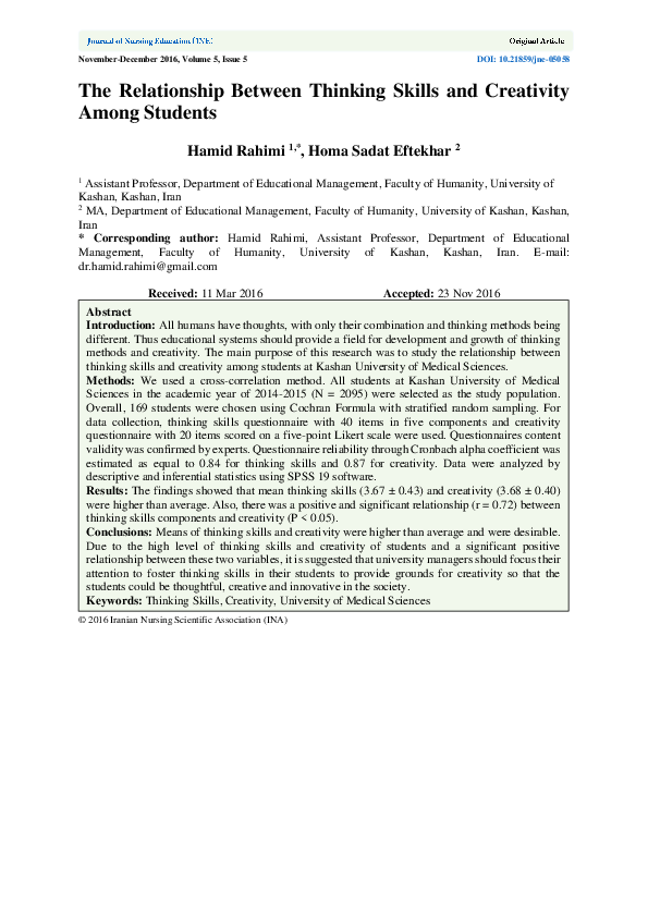 (PDF) The Relationship Between Thinking Skills and Creativity Among Students