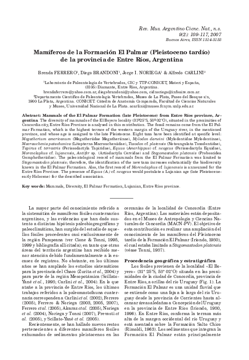 (PDF) Mammals of the El Palmar Formation (late Pleistocene) from Entre ...