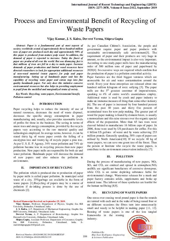 (PDF) Process and Environmental Benefit of Recycling of Waste Papers