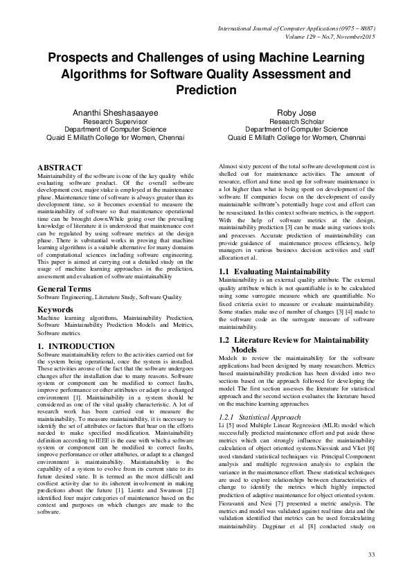 Pdf Prospects And Challenges Of Using Machine Learning Algorithms For Software Quality