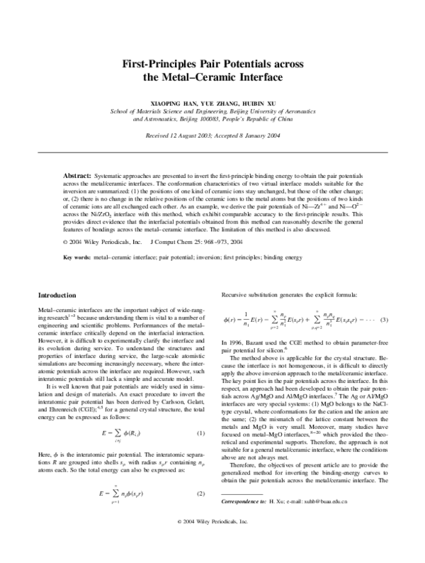 (PDF) First-principles pair potentials across the metal-ceramic interface