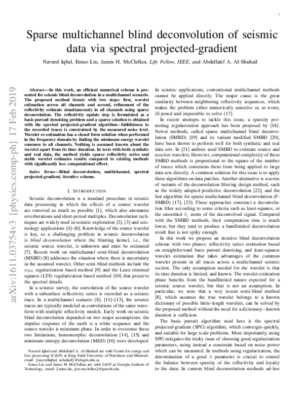 Pdf Sparse Blind Deconvolution Of Seismic Data Via Spectral Projected