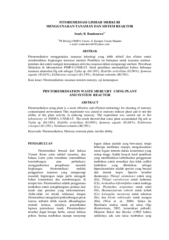 (PDF) Fitoremediasi Limbah Merkuri Menggunakan Tanaman Dan Sistem Reaktor