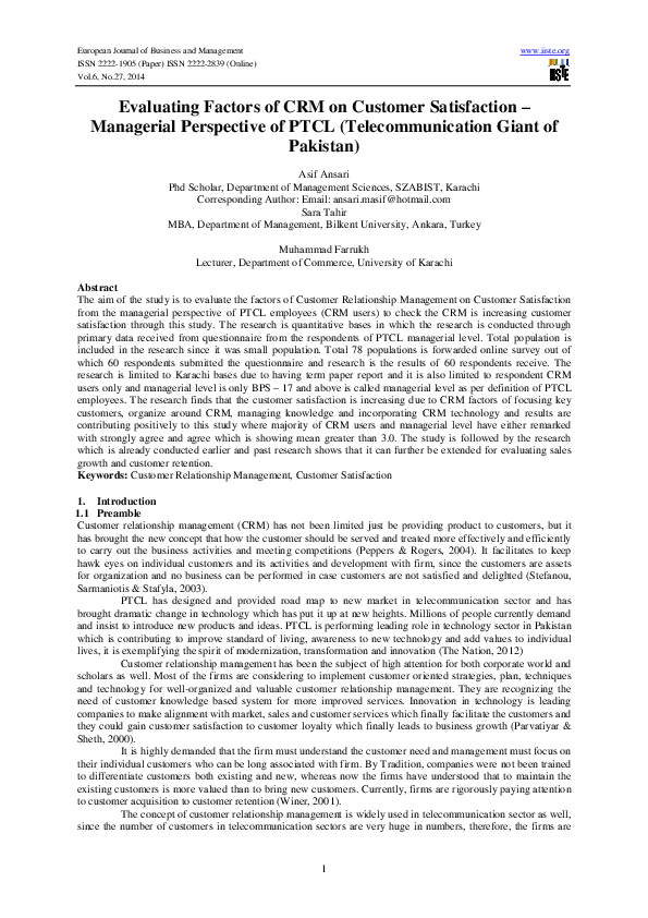 (PDF) Evaluating Factors of CRM on Customer Satisfaction – Managerial ...