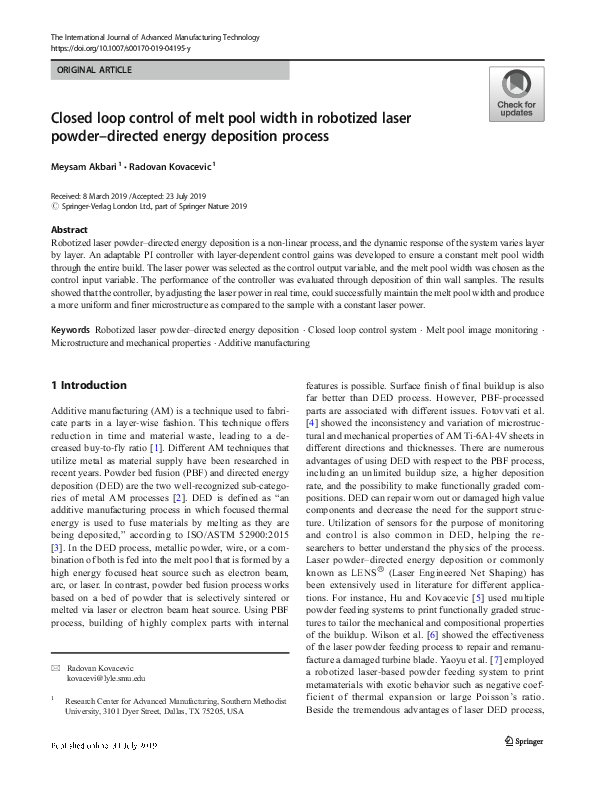 Pdf Closed Loop Control Of Melt Pool Width In Robotized Laser Powder