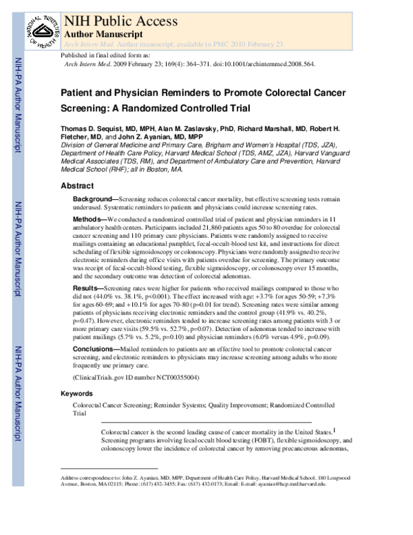 (PDF) Patient and Physician Reminders to Promote Colorectal Cancer ...
