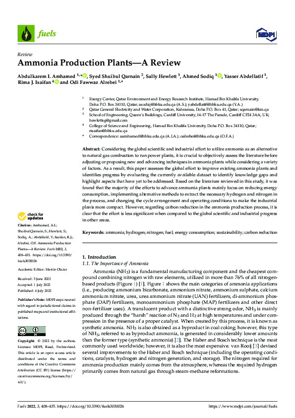 (PDF) Ammonia Production Plants—A Review