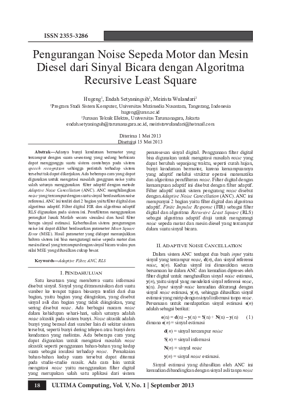 (PDF) Pengurangan Noise Sepeda Motor dan Mesin Diesel dari Sinyal Bicara dengan Algoritma ...