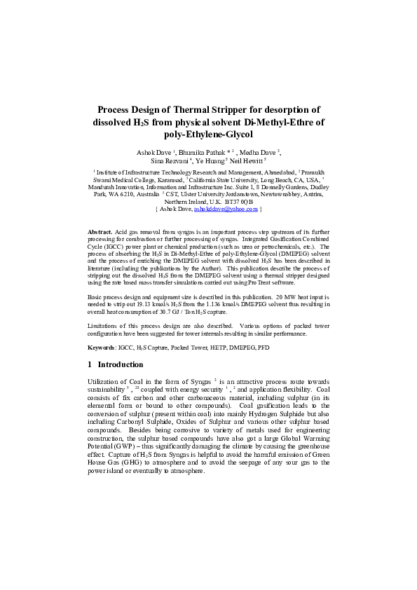 Doc Process Design Of Thermal Stripper For Desorption Of Dissolved H2s From Physical Solvent