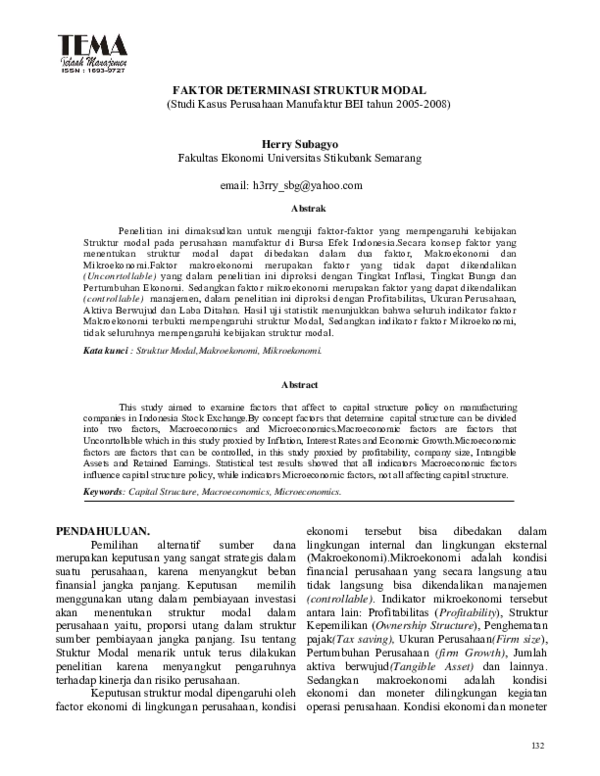 (PDF) FAKTOR DETERMINASI STRUKTUR MODAL (Studi Kasus Perusahaan Manufaktur BEI tahun 2005-2008)