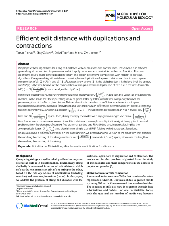 (PDF) Efficient edit distance with duplications and contractions | Michal Ziv-ukelson - Academia.edu
