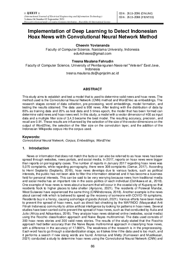 (PDF) Implementation of Deep Learning to Detect Indonesian Hoax News with Convolutional Neural ...