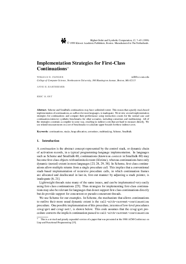 (PDF) Implementation Strategies for First-Class Continuations