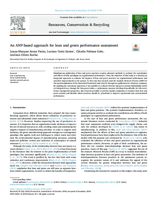 (PDF) An ANP-based approach for lean and green performance assessment