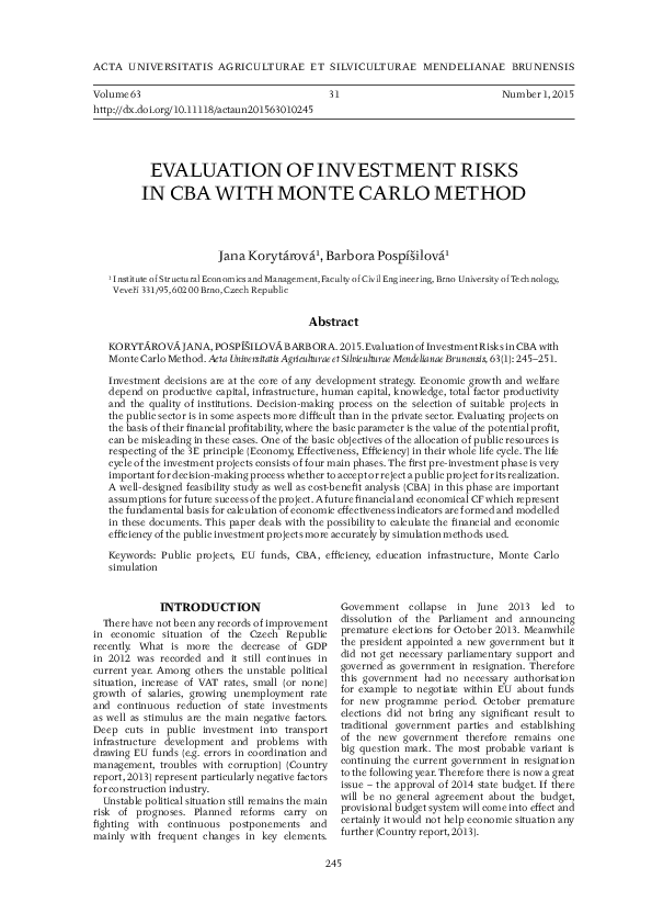 (PDF) Evaluation of Investment Risks in CBA with Monte Carlo Method