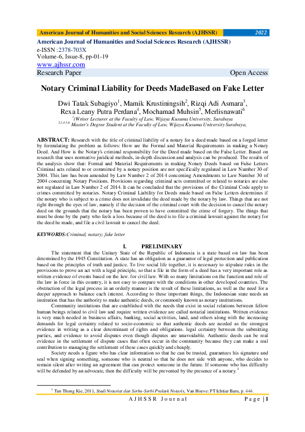 (PDF) Notary Criminal Liability for Deeds MadeBased on Fake Letter