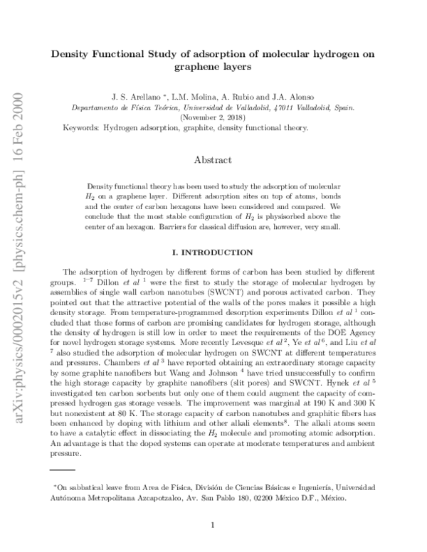 (PDF) Density functional study of adsorption of molecular hydrogen on graphene layers