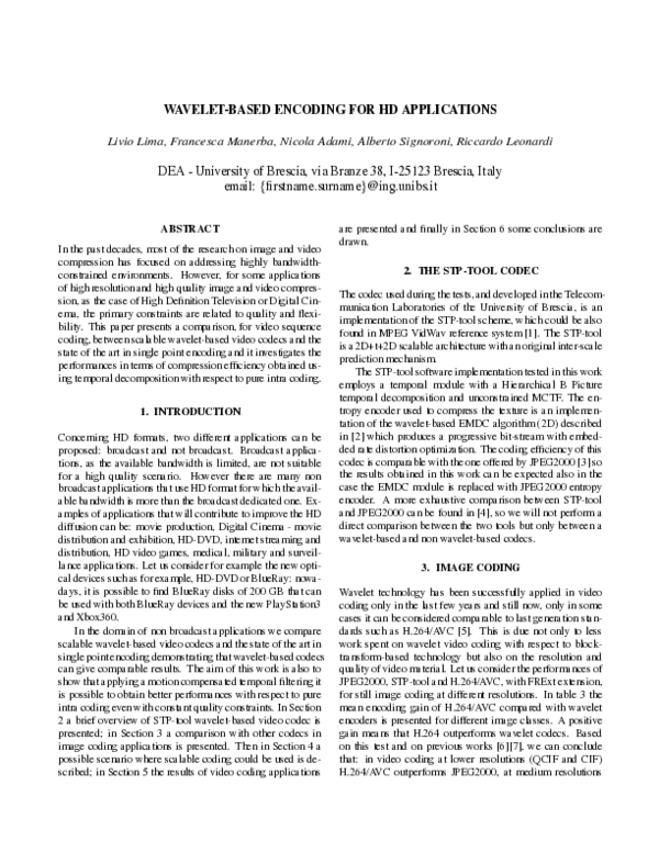 Pdf Wavelet Based Encoding For Hd Applications